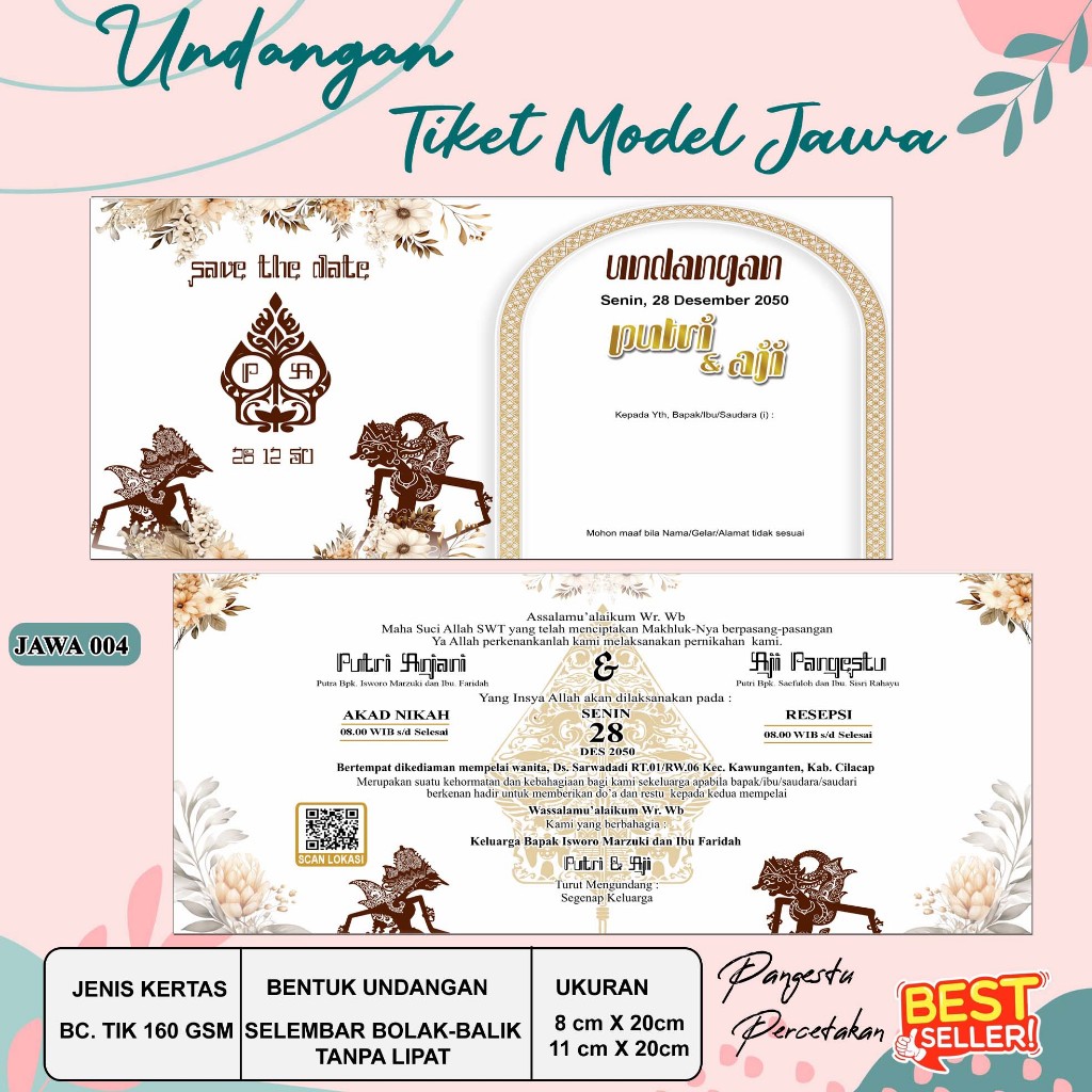 Jual UNDANGAN PERNIKAHAN MODEL TIKET VERSI JAWA, UNDANGAN SIMPEL ...
