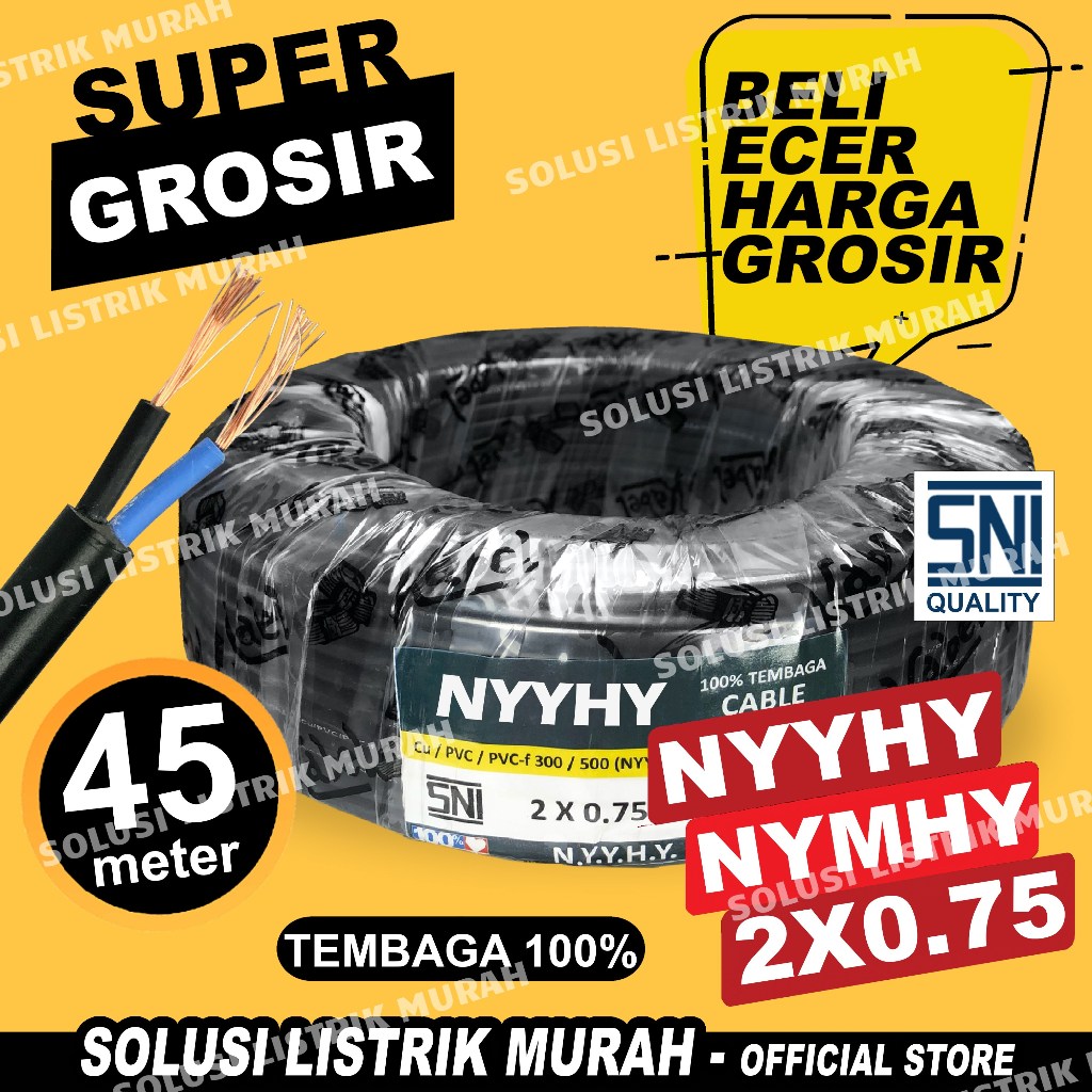 Jual Kabel Listrik NYYHY 2x0,75 NYMHY SNI Serabut Tembaga 1 ROLL 45 METER FULL 2x0.75 NYY HYO ...