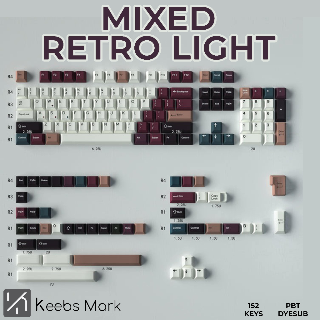 Jual Retro Mixed Light Keycaps PBT Dyesub Cherry Profile 152 Keys ...