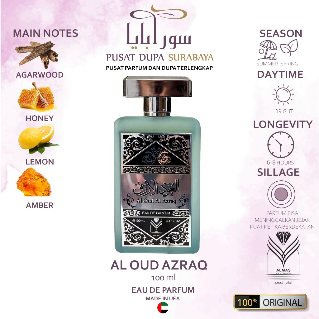 Jual Parfum Asli Arab Original Premium almas /Dubai/ Al Oud Azraq /Wanita/Pria/ Unisex Aroma Oud ...