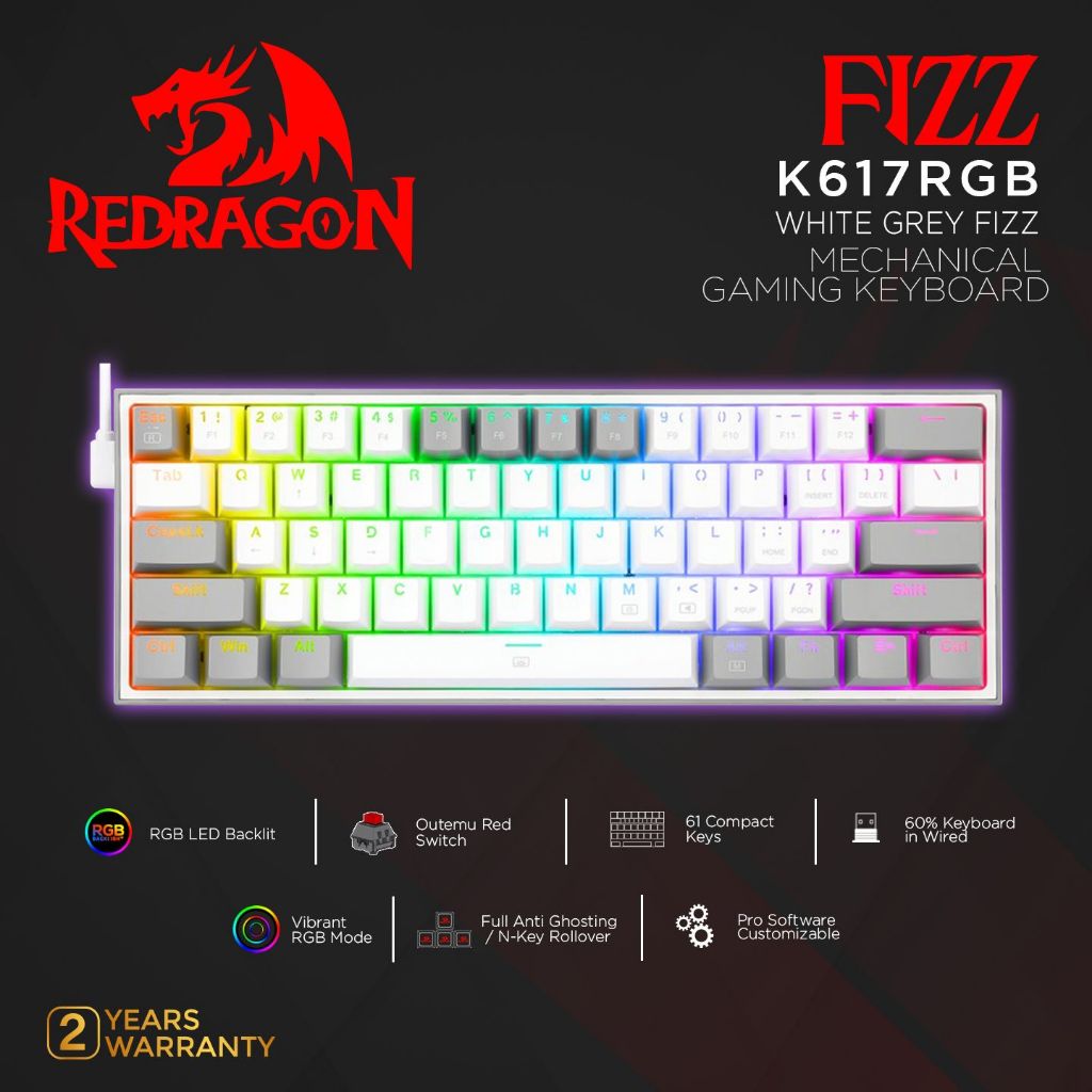 Jual Redragon Mechanical Gaming Keyboard 60% WHITE GREY FIZZ - K617RGB ...