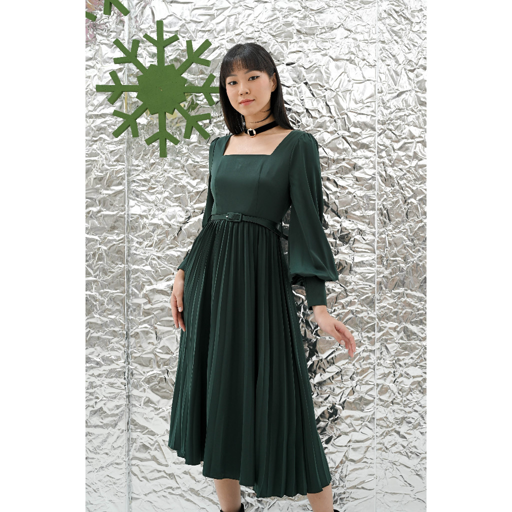 Jual FELIZ23 Raena Satin Pleats Dress with Belt Modif | Shopee Indonesia