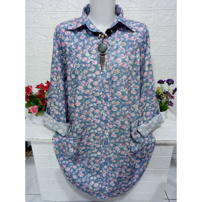 Jual Pakaian atasan baju kemeja wanita lengan panjang bahan Rayon motif ...