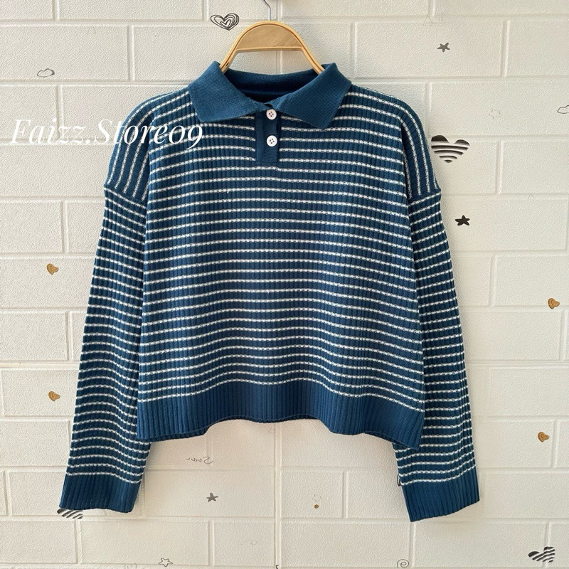 Jual UTAMI POLO SWEATER RAJUT CROP MOTIF STRIPE LENGAN PANJANG | Shopee ...