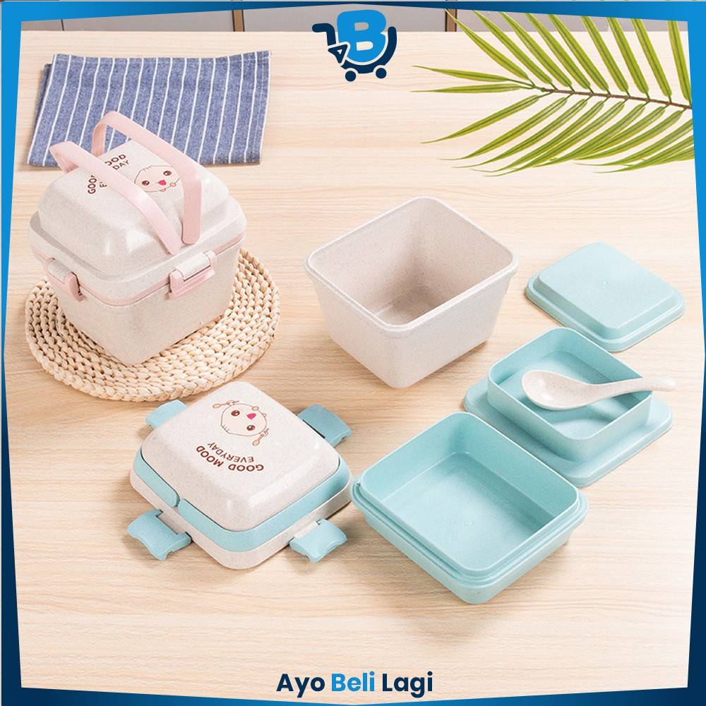 Jual Lunch Box Set Microwavable Good Mood Everyday Free Sendok / Kotak Makan Bahan PP Jerami ...