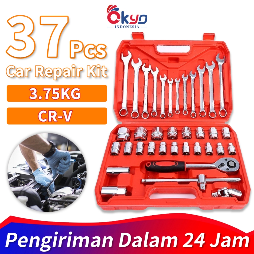 Jual Tool kit Set alat Kunci Sok set 37pcs/Kunci Pas Set Alat Perbaikan Mobil Toolbox | Shopee ...