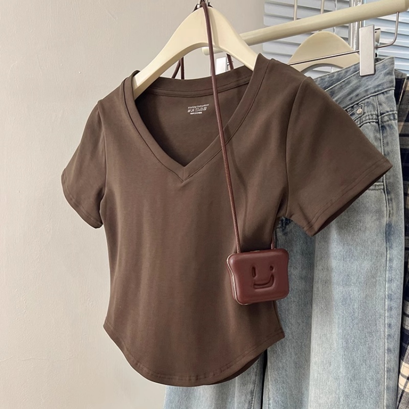 Jual Kaos V-neck Coklat T-shirt V-neck Warna Ssolid Wanita T-shirt Crop ...