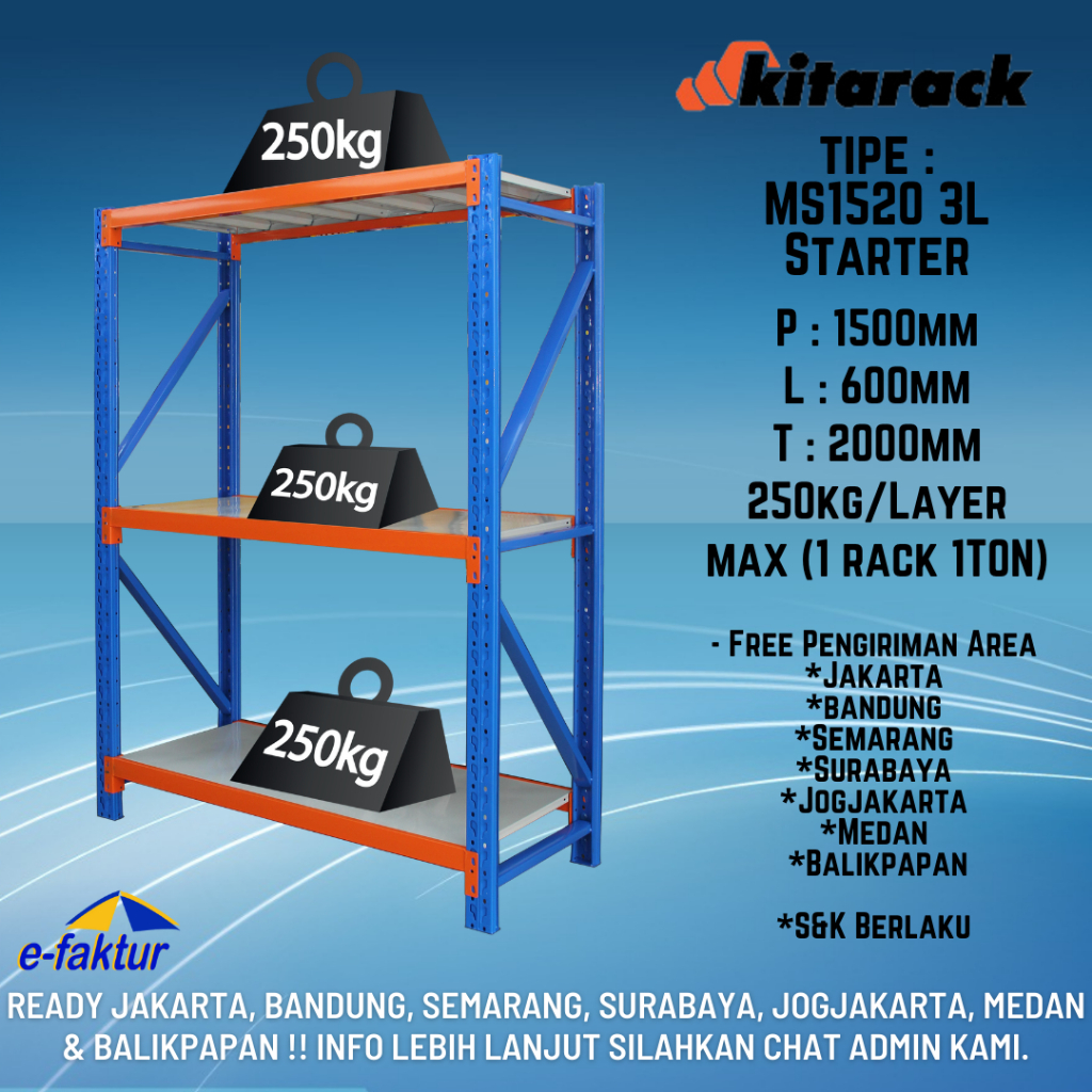 Jual RAK GUDANG KITARACK MS1520 LIGHT DUTY 3 LAYER 250KG/LAYER 1000KG ...