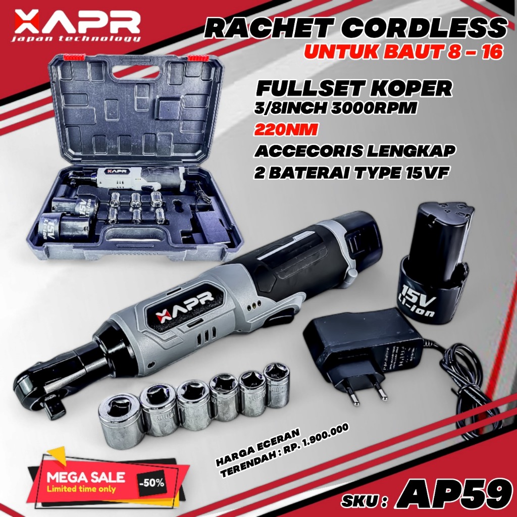 Jual APR JAPAN RACHET CORDLESS 2Baterai 15V 3/8inch 220nm untuk baut 8 ...