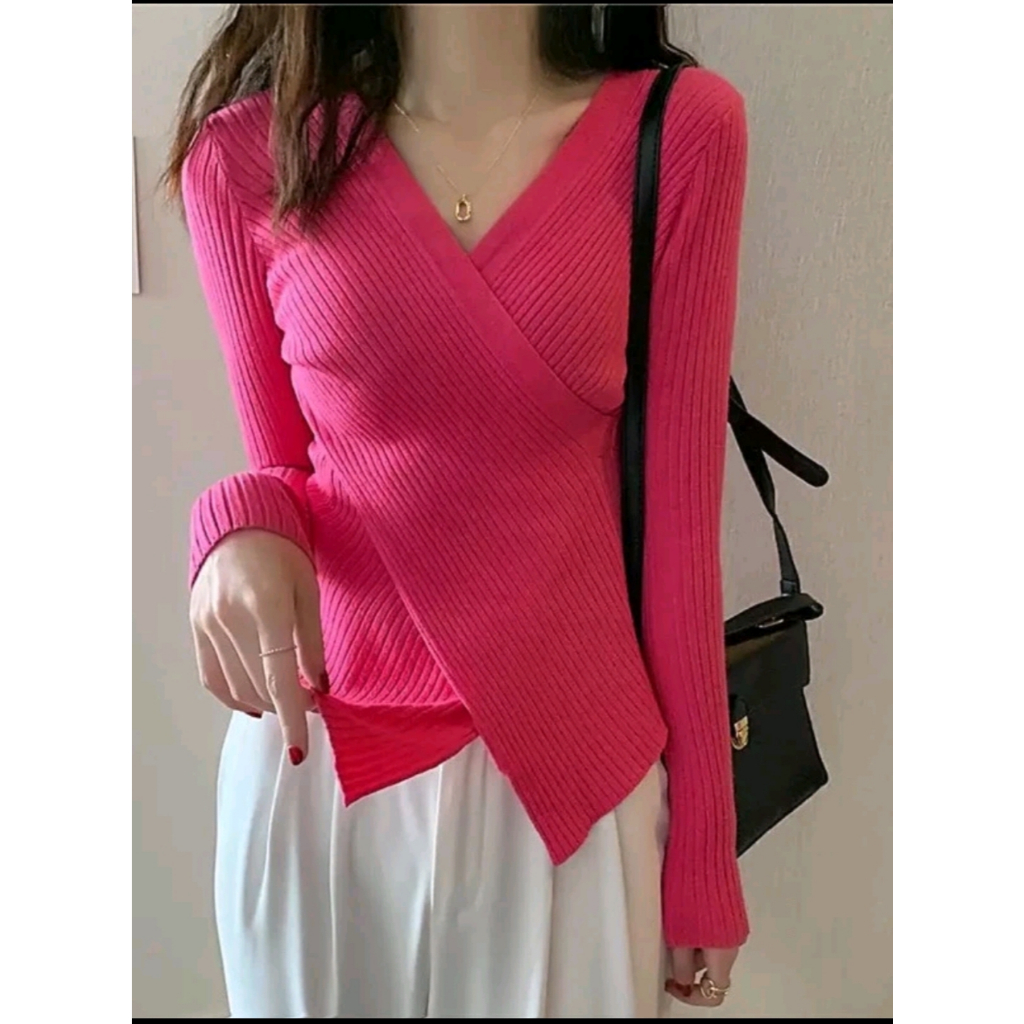 Jual Jiso Knit V-neck Korean Style Wrap Top - Atasan Rajut Wanita Lengan Panjang | Shopee Indonesia