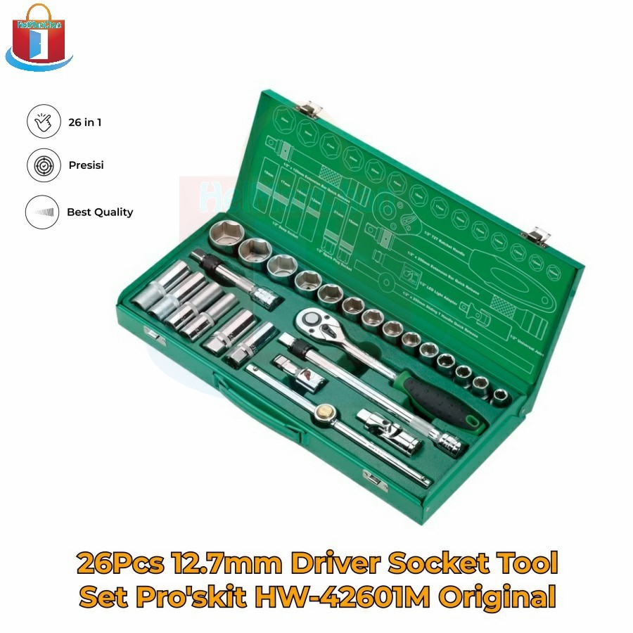 Jual Driver Socket Tool Set Proskit HW-42601M 26Pcs 12.7mm Kunci Sock Sok Wrench Kunci Baut atau ...