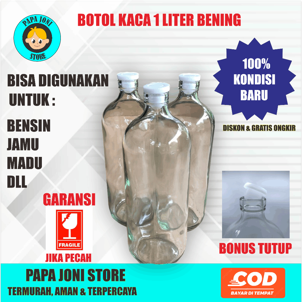 Jual Botol Kaca 1 Liter bening Botol Bensin / Botol Jamu 1000 ml BONUS ...