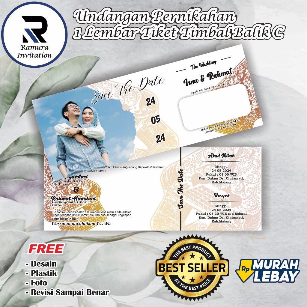 Jual Undangan Pernikahan 1 Lembar Tiket Timbal Balik C (Free Desain ...