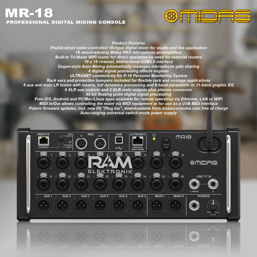 Jual Mixer Digital MIDAS MR18 | MR 18 For PC, Mac, iOS, Android 31-Band ...