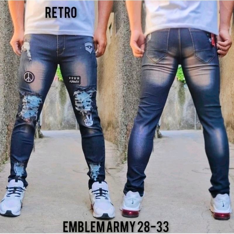 Jual Celana Jeans Pria Sobek Emblem Ripped Cowok Celana Sobek Pria Slim Fit Celana Panjang Soft ...