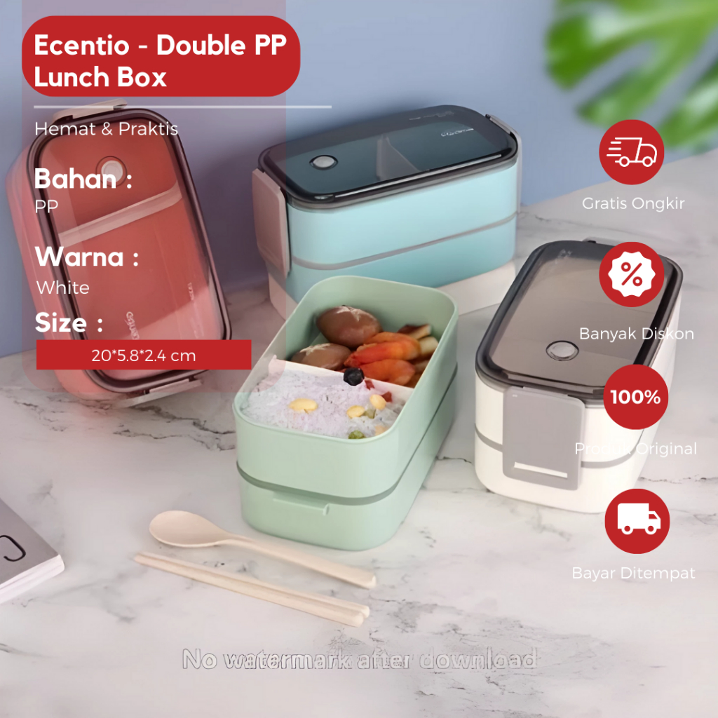 Jual Ecentio - Double PP Lunch Box PLBE-3601 - Kotak Makan 2 Susun 1600 ...