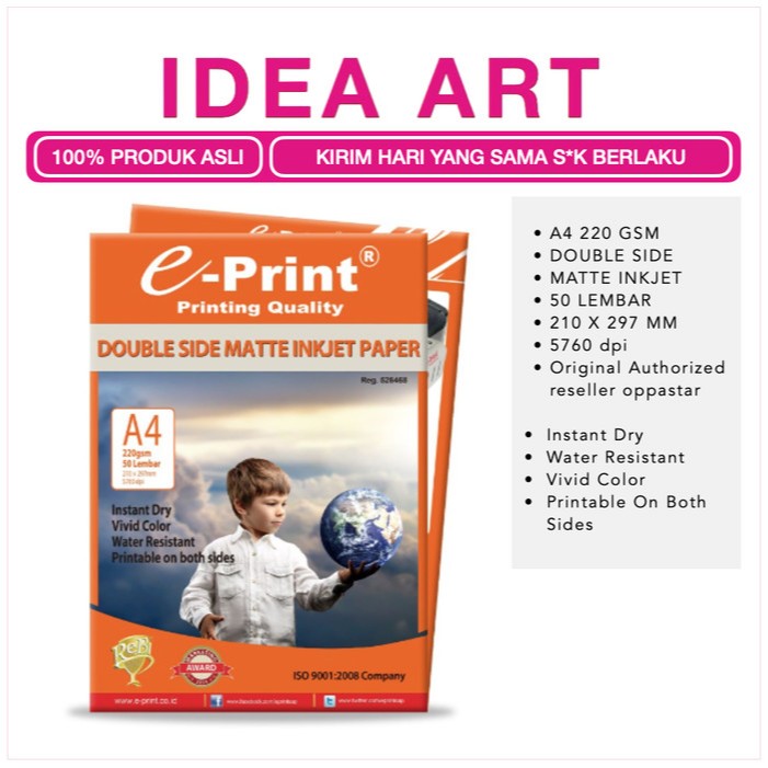Jual Kertas Foto Double Side Matte Inkjet Photo Paper e-Print A4 220 ...