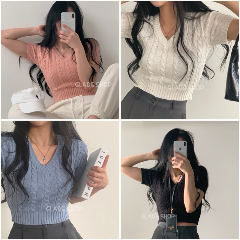 Jual Atasan Rajut Crop top V neck A727 Braids Knit Korean Style | Shopee Indonesia