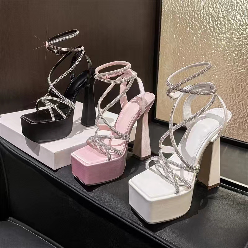 Jual European and American rhinestone slim strap high heels sandals ...