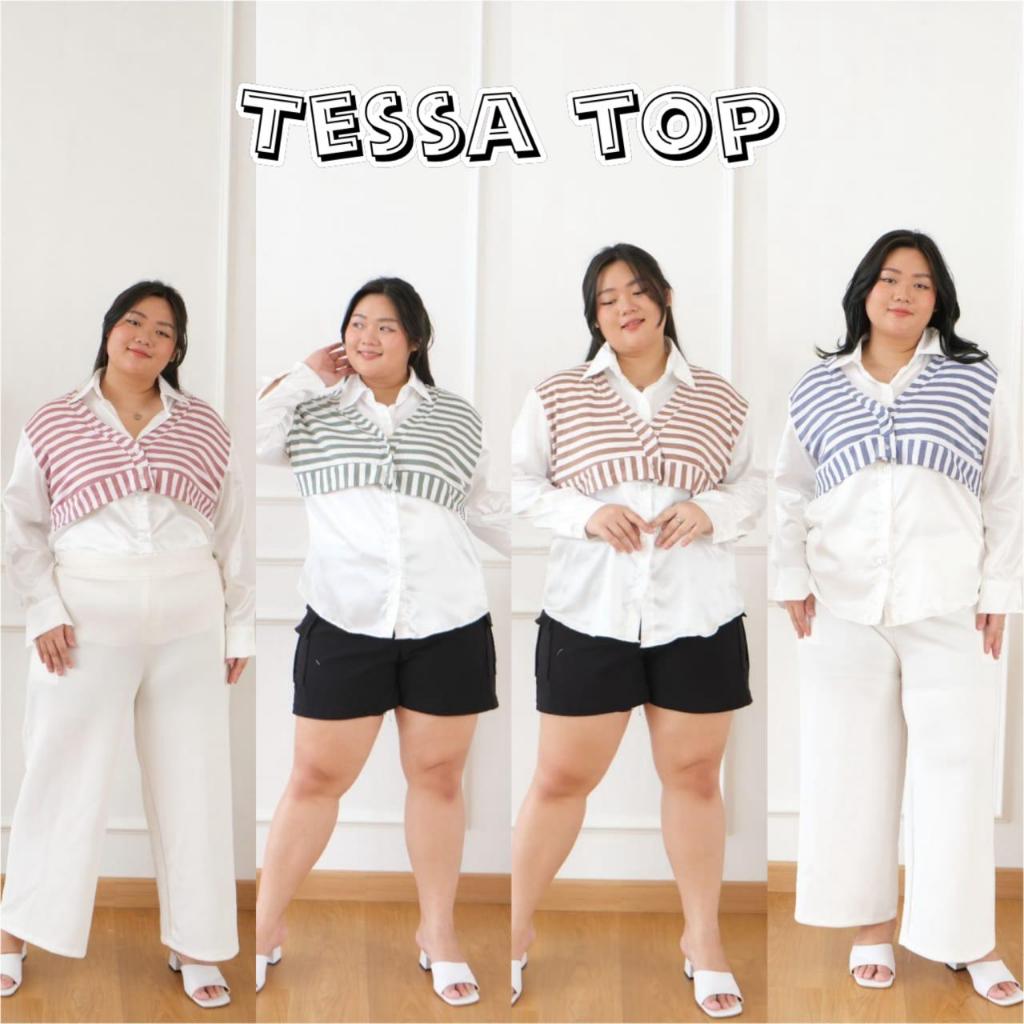 Jual TESSA TOP BLOUSE WANITA BIGSIZE MATERIAL SATEN + KNITT SALUR FIT ...
