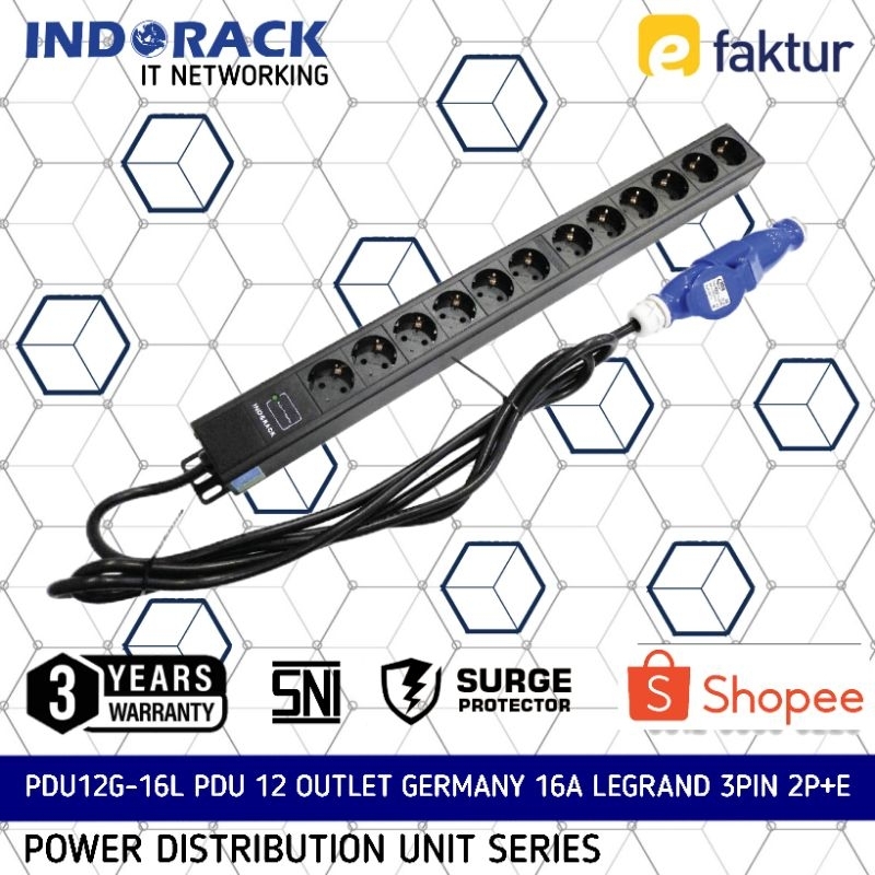Jual PDU12G-16L PDU INDORACK 12 Outlet 16A Legrand Head Plug 3Pin 2P+E ...