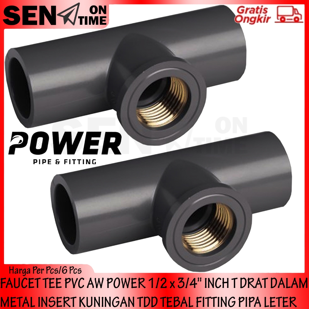 Jual TEE DRAT DALAM FAUCET TDD PVC AW POWER 1/2 x 3/4" INCH T WITH METAL INSERT KUNINGAN TEBAL ...