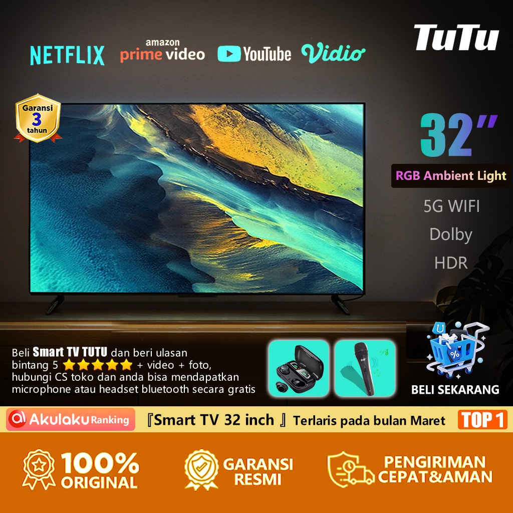 Jual TUTU 32 inch Smart TV Android TV LED HD monitor - Dolby Audio ...