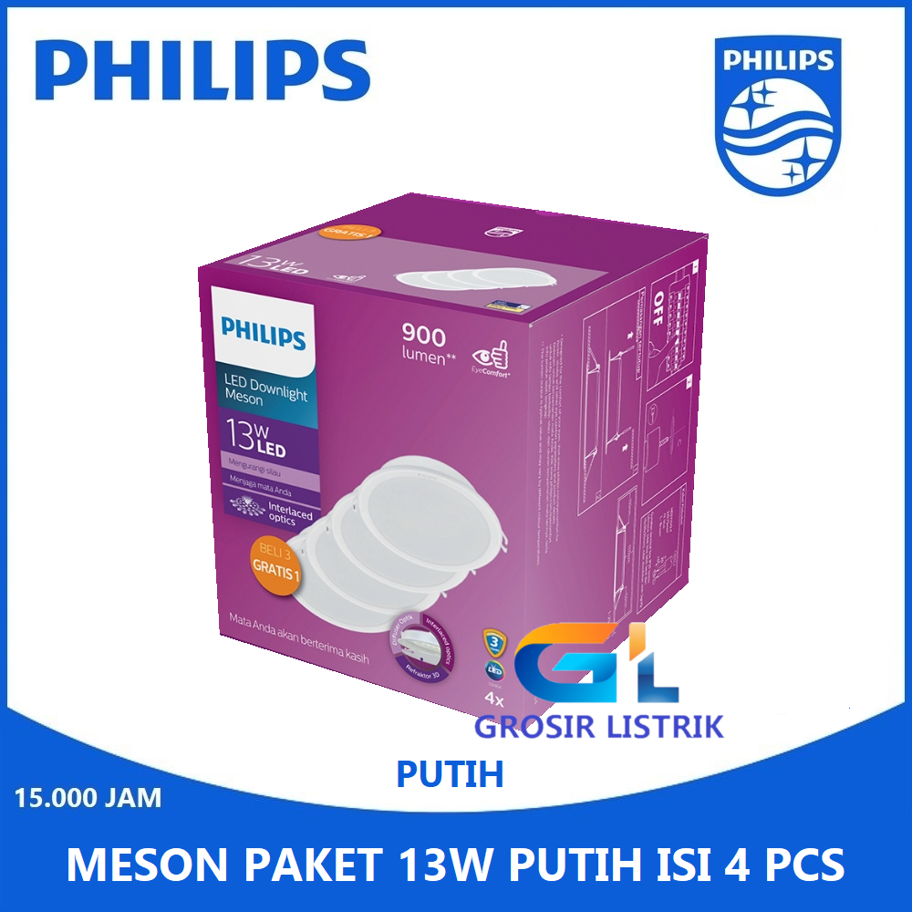 Jual Paket Isi 4 Philips Downlight LED Meson 13W Putih 59464 Multipack Bundling Beli 3 Gratis 1 ...