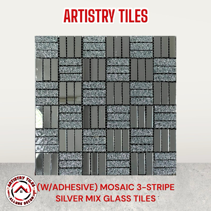 Jual ( W/Adhesive ) Mosaic 3-Stripe Silver Mix glass tiles Tempel ...