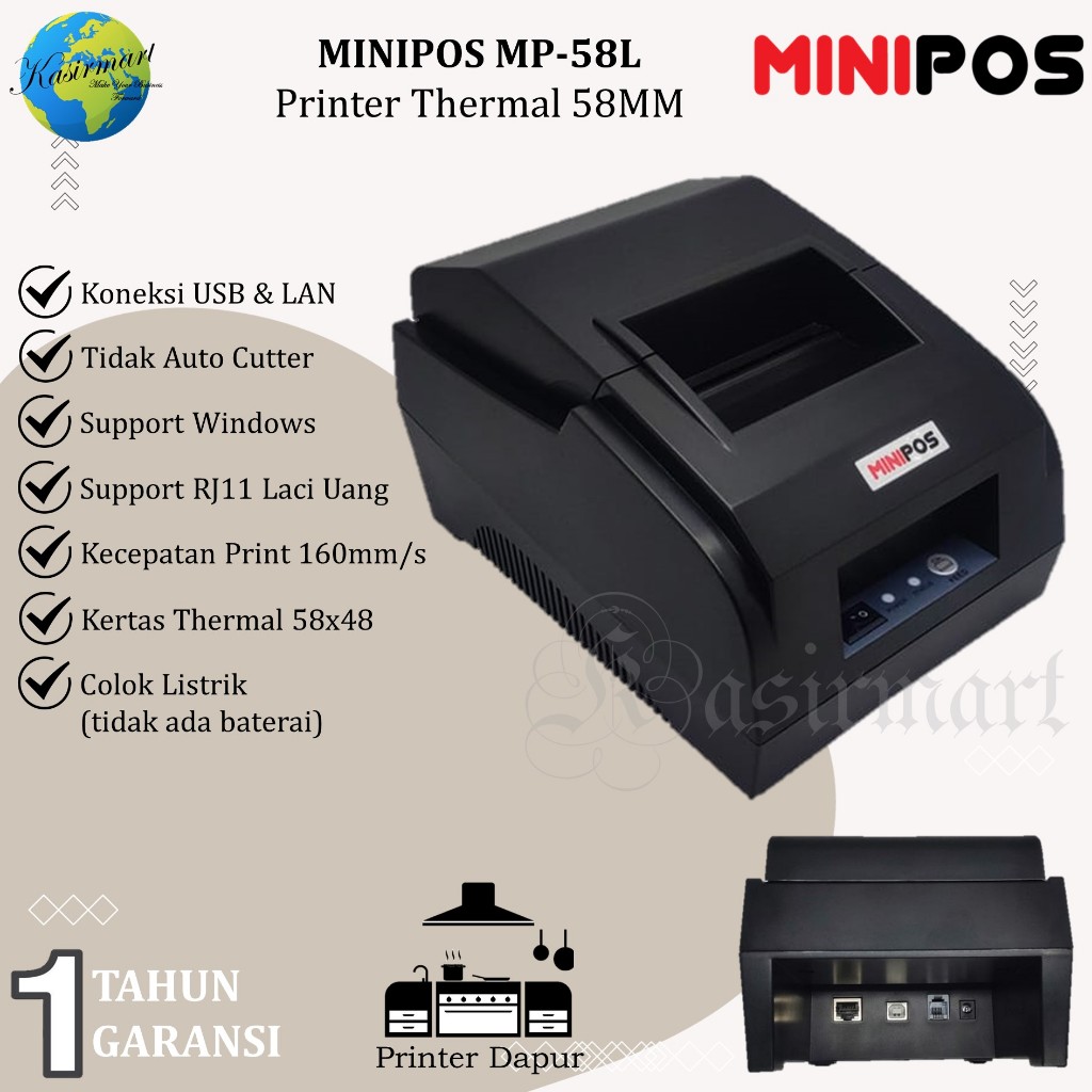 Jual Printer Thermal 58mm Minipos MP-58L USB LAN MP58UL Tidak Auto Cut Support RJ11 Printer ...