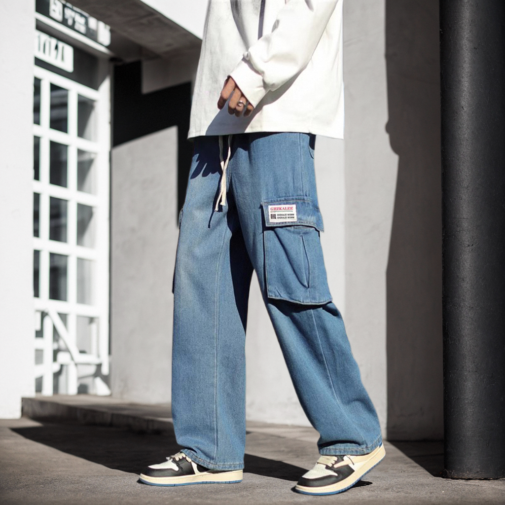 Jual KeyBoy Celana jeans pria panjang cargo hitam baggy kulot dewasa cowok straight kargo denim ...