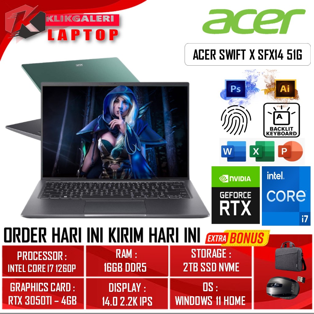 Jual Laptop Gaming Slim ACER SWIFT X SFX14 51G Ci7 1260P RTX3050TI-4GB DDR5 16GB SSD 2TB 2.2K ...