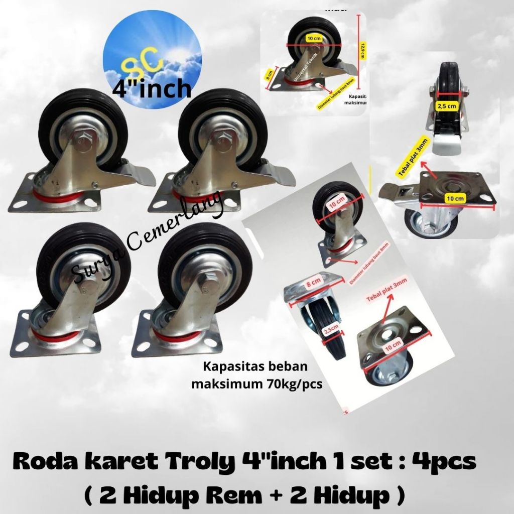 Jual Roda troli Karet 4" inch troly kastor 1 Set 4pcs( 2Hidup Rem 2 ...