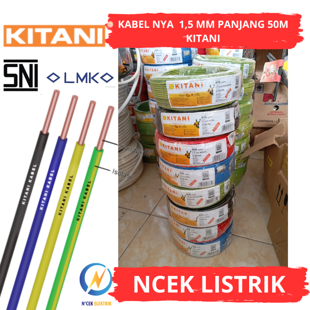 Jual KABEL LISTRIK NYA 1,5mm KITANI KAWAT TUNGGAL 1 ROLL 50meter ...