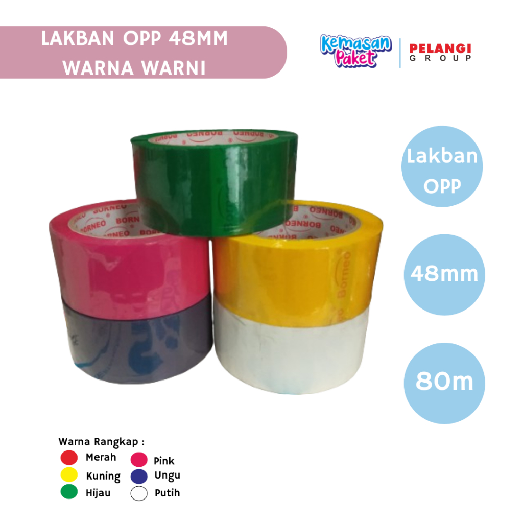 Jual LAKBAN WARNA WARNI MERAH KUNING HIJAU PINK UNGU PUTIH MURAH OPP 48MM x 80 YARD | Shopee ...