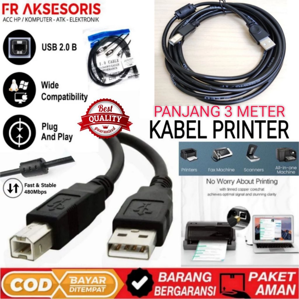 Jual Kabel Printer USB 3 Meter Hitam High Quality Kabel Printer EPSON ...
