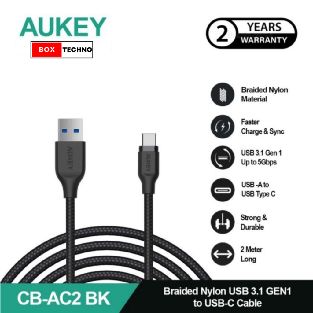 Jual Kabel Charger AUKEY Type C CB-AC2 Braided Nylon USB A to USB-C 2M | Shopee Indonesia