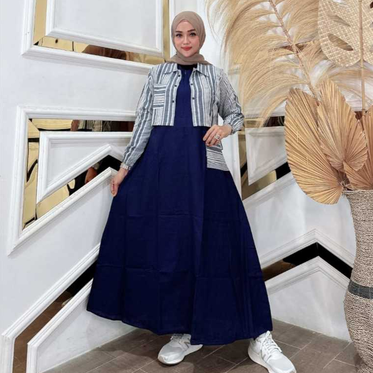 Jual Misaki Gamis Set Rompi Kemeja Motif Salur Fashion Muslim Wanita ...