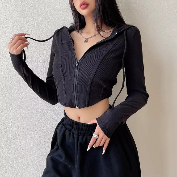 Jual LONG SLEEVE REINA HOODIE CROP TOP ZIPPER / JAKET ZIPPER | Shopee ...