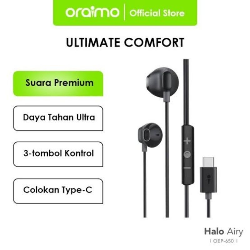 Jual Oraimo OEP-650 Wired Earphone Type-C Plug 3 Button Remote Control ...