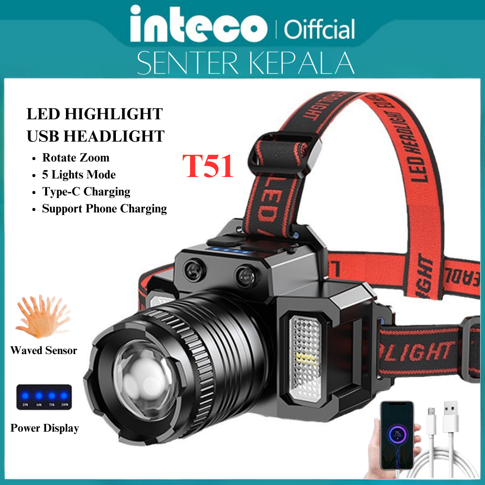 Jual Lampu Kepala LED Headlamp F-T51 Sensor Gerak Glare 5 Mode Cahaya Senter Kepala Outdoor ...