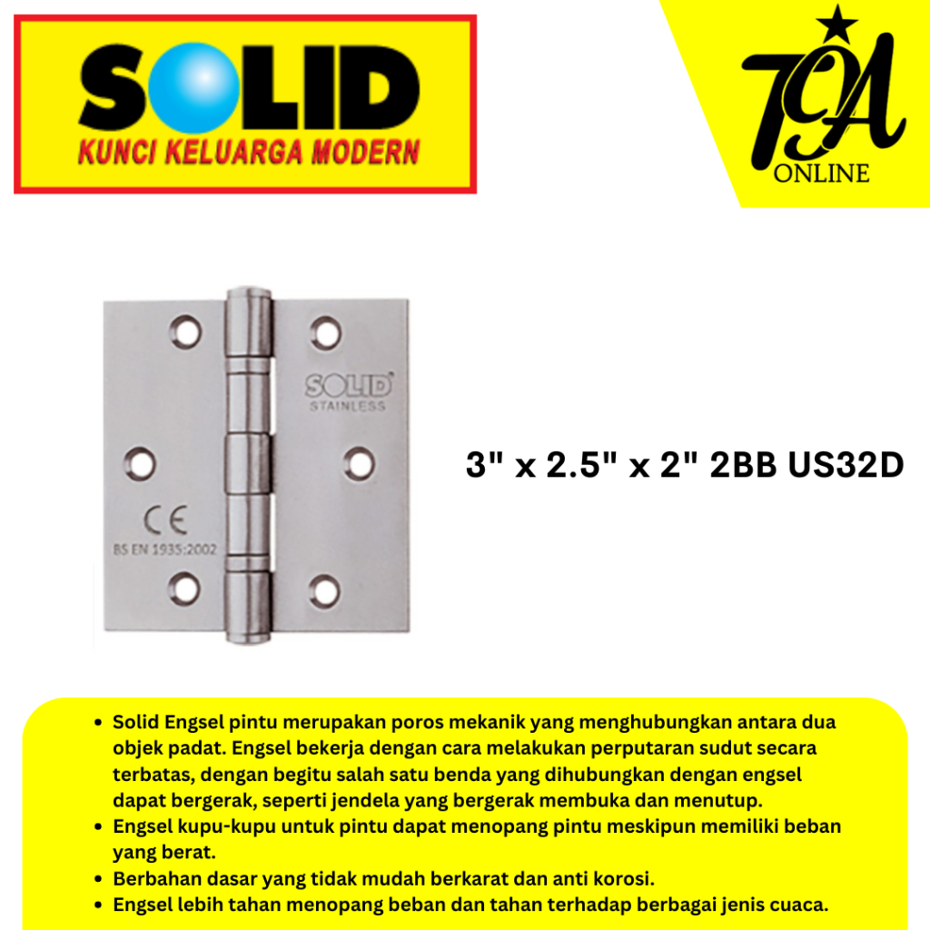 Jual Engsel Pintu Rumah Solid EK 16 3" x 2.5" x 2" 2BB US32D | Shopee Indonesia