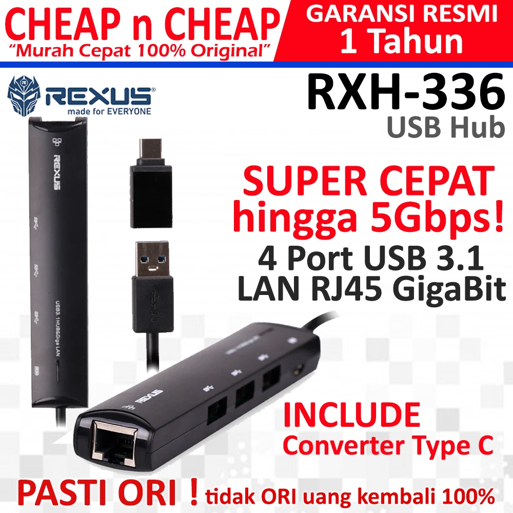 Jual USB Hub 4 Port + Lan Gigabit Rj45 Converter Type C Rexus RXH-345 Usb 3.1 | Shopee Indonesia