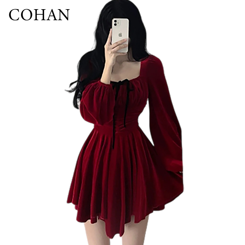 Jual Cohan DR140 Dress Pesta Long Sleeve Square Neck Premium Merah S/M ...