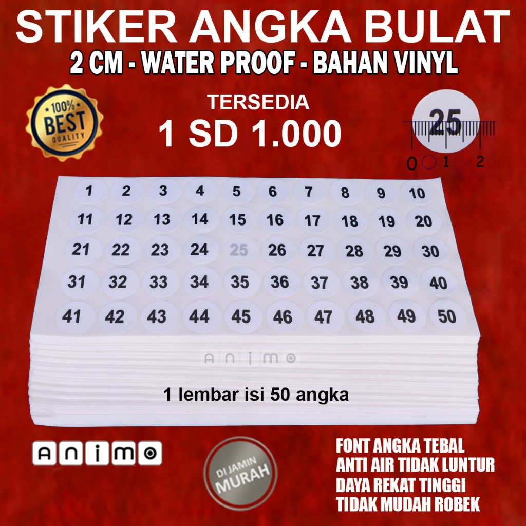 Jual STIKER BULAT ANGKA Tahan Air 2 CM - Stiker Bulat Angka Vinyl ...
