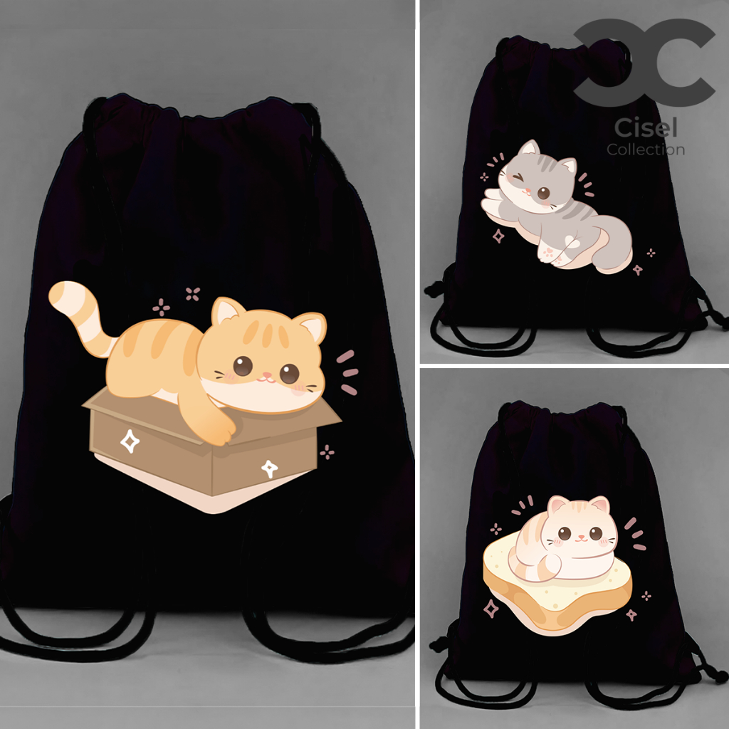 Jual CISEL Tas Serut Hitam String Bag Kanvas TEBAL Cute Cat Kucing Lucu ...