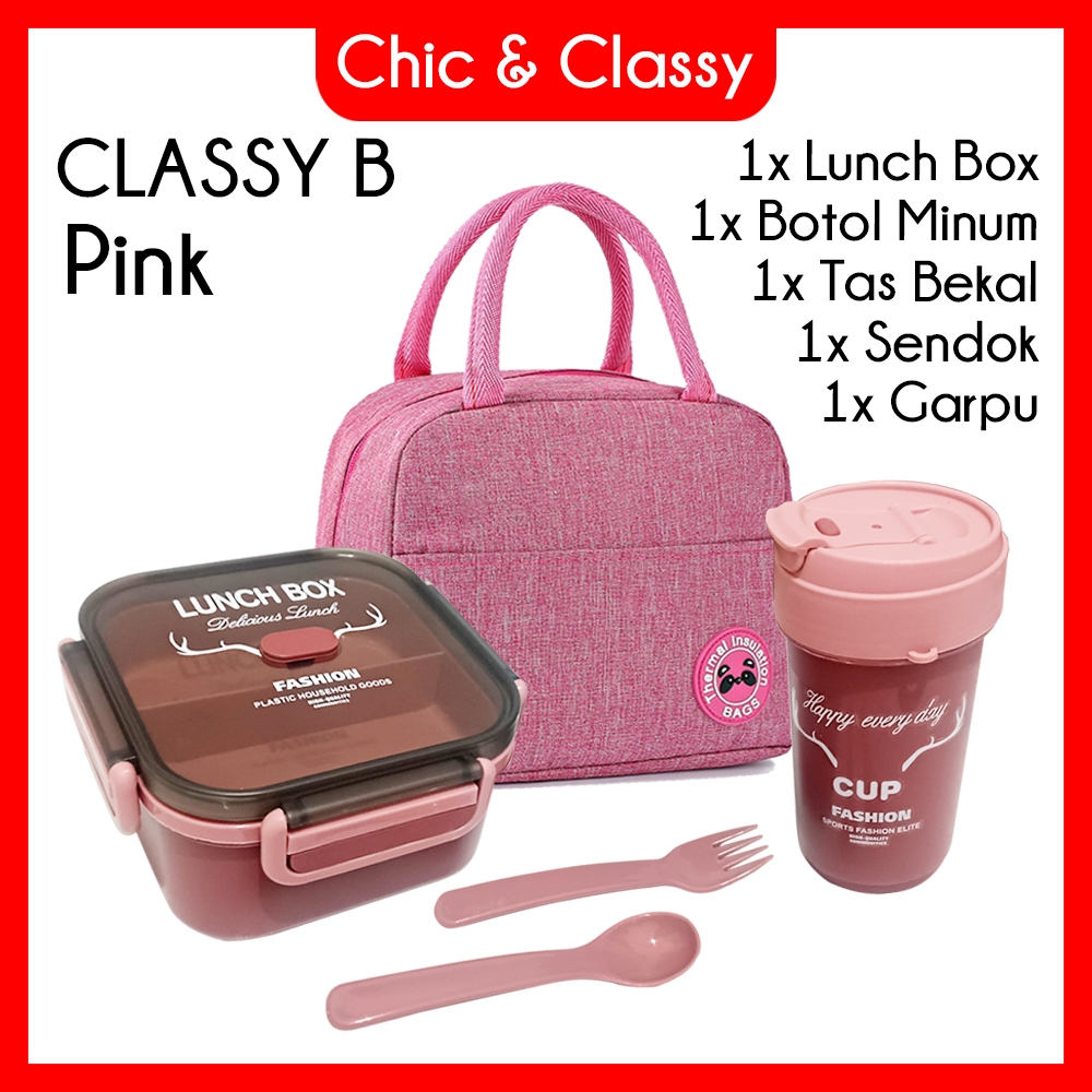 Jual CLASSY B || Lunch Box Set Kotak Makan Tas Bekal Botol Minum Sendok Garpu | Shopee Indonesia
