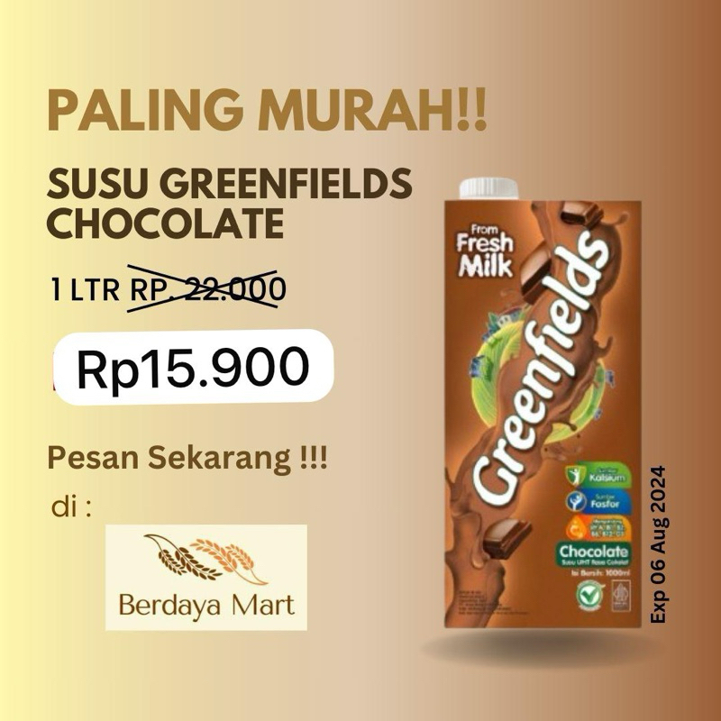 Jual Greenfields Susu UHT Rasa Cokelat 1 Liter - ED Agustus 2024 ...