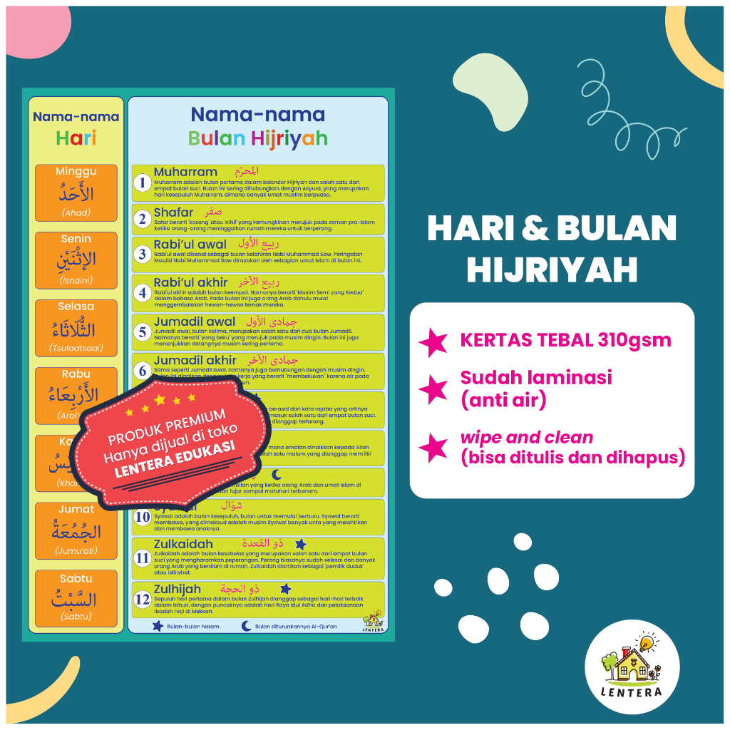Jual Poster Edukasi islami Nama Hari dan Bulan Hijriyah Dekorasi Hiasan ...