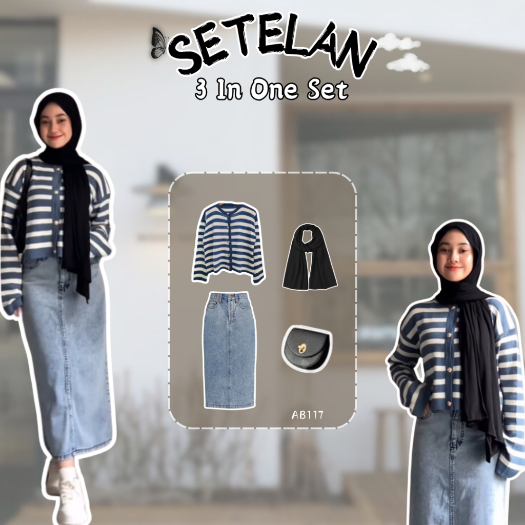 Jual 3 In 1 Set AB117 - Setelan Kekinian One Set Korean Style | Ootd Hangout Pantai Cardigan ...